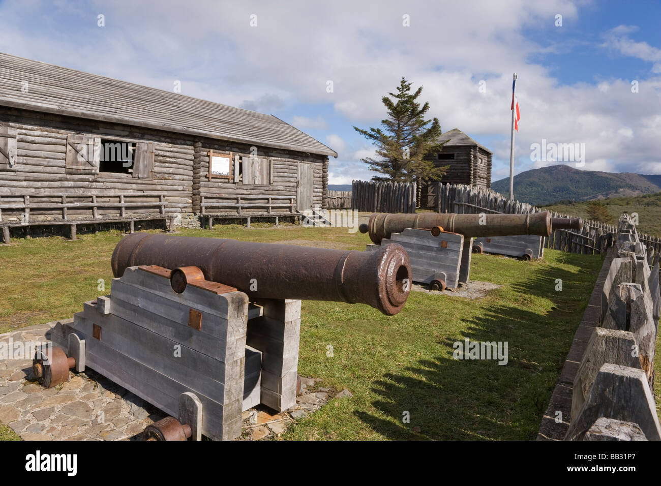 South America, Chile. View of canon and log buildings of Fort Bulnes in ...