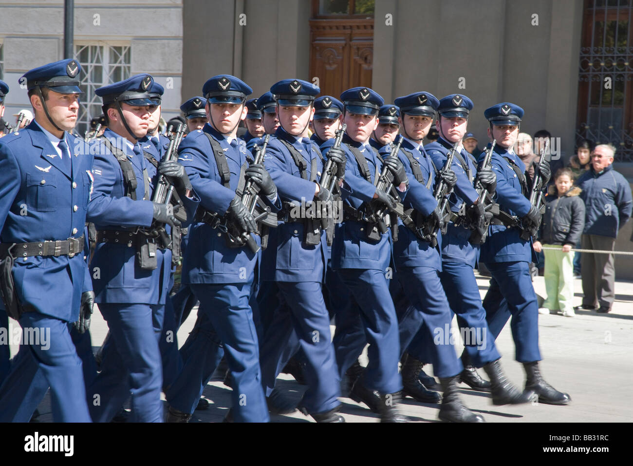 South America, Chile, Patagonia, Punta Arenas. A military parade passes ...