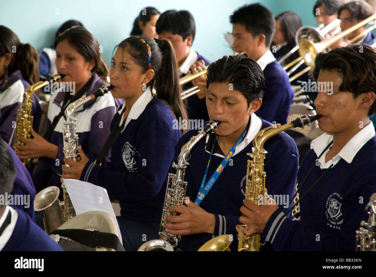 South America, Ecuador, Pujili, students playing instruments in music ...