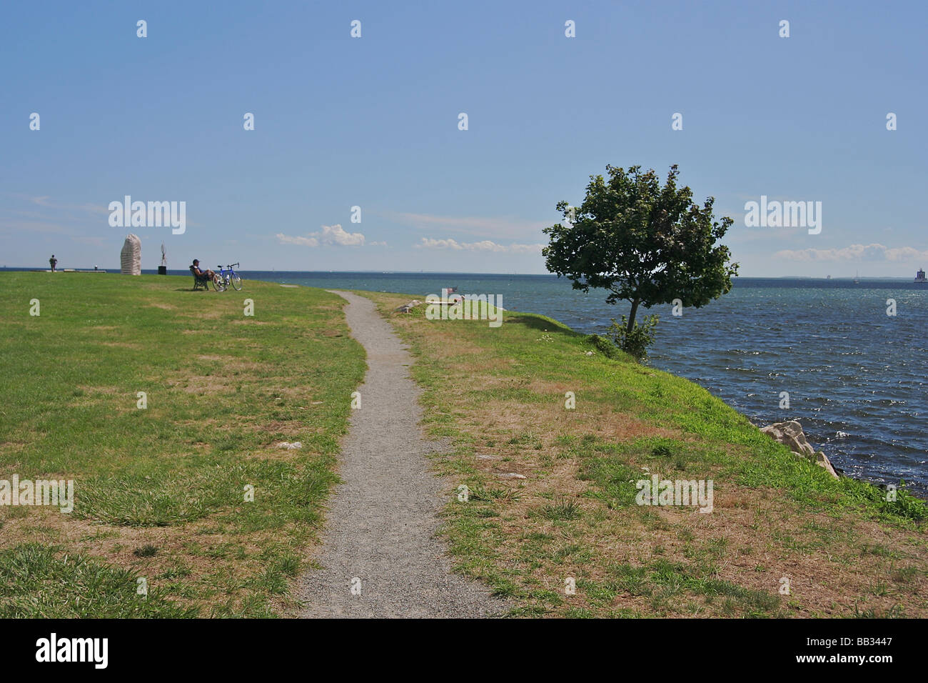 North America, USA, Connecticut, Groton. A path overlooking the ocean ...