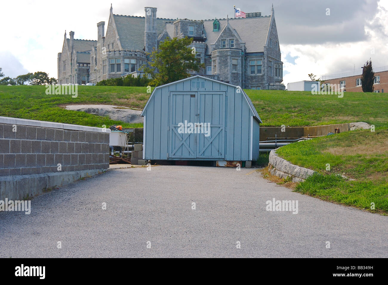 North America, USA, Connecticut, Groton. A shed at the base of a hill ...