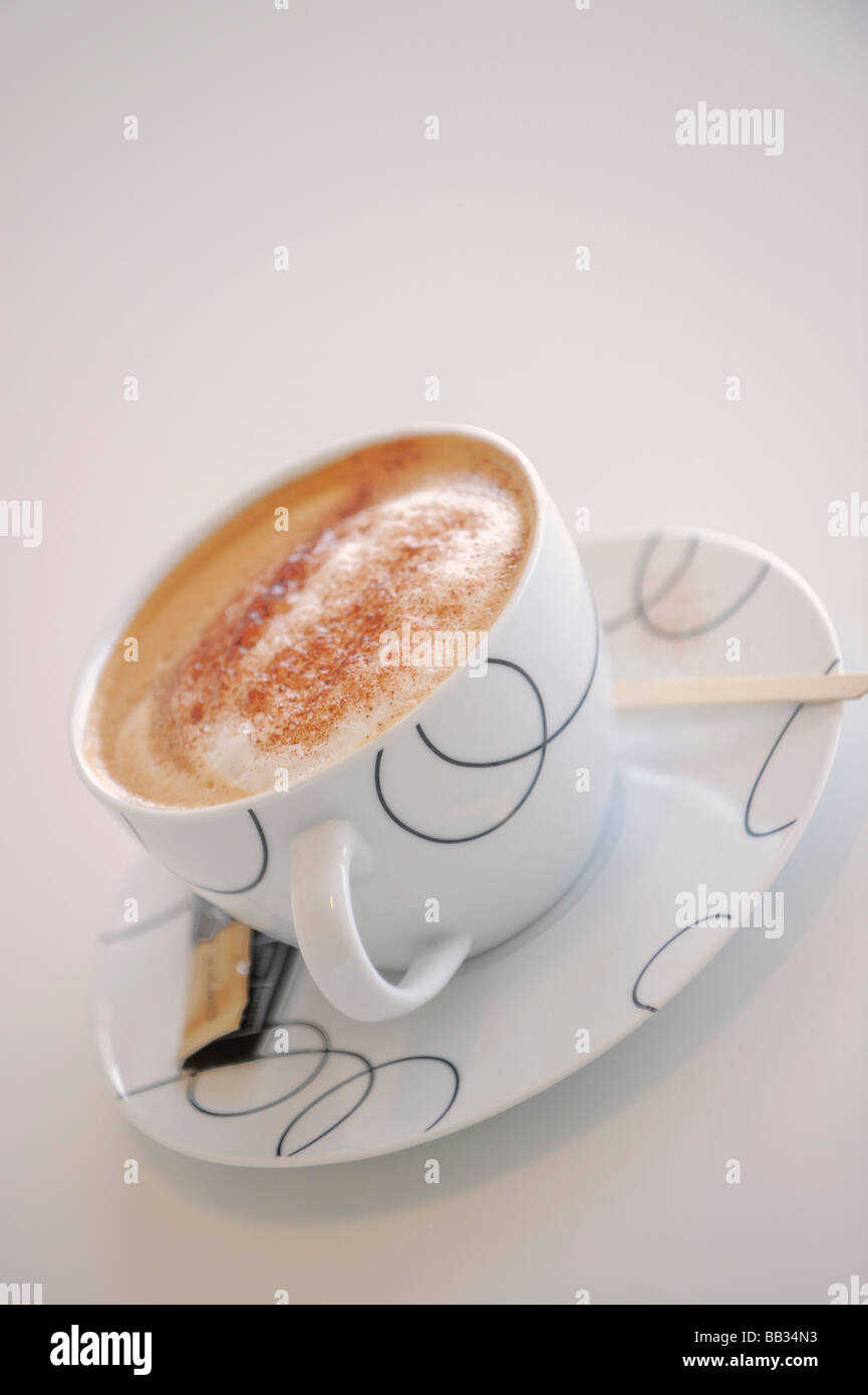 A cappuccino coffee with chocolate dusted on the top in a trendy ...
