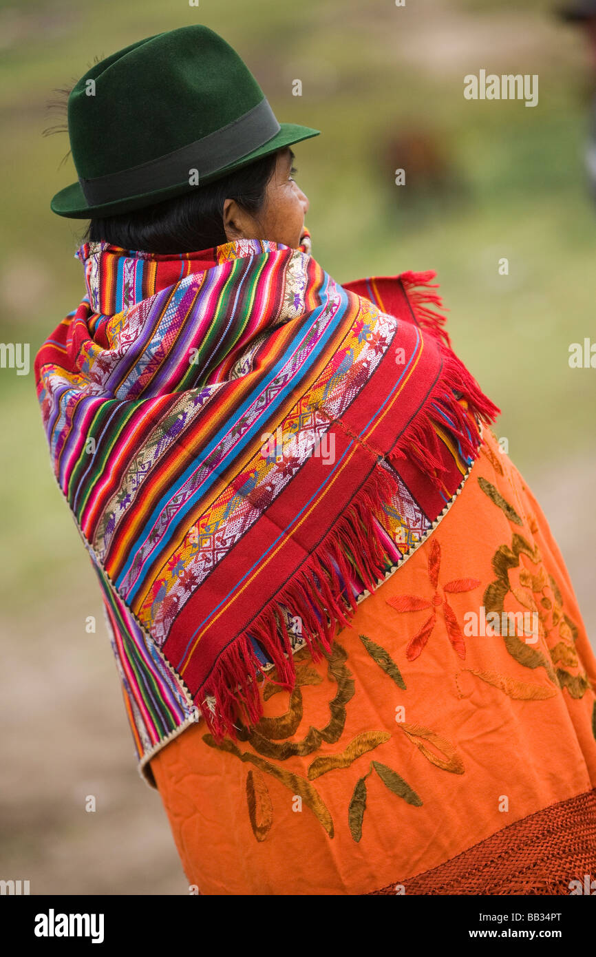 South America Ecuador woman in traditional hat & shawl at weekly market ...