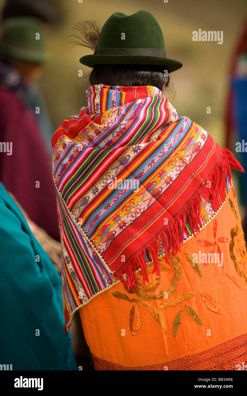 South America Ecuador woman in traditional hat & shawl at weekly market ...