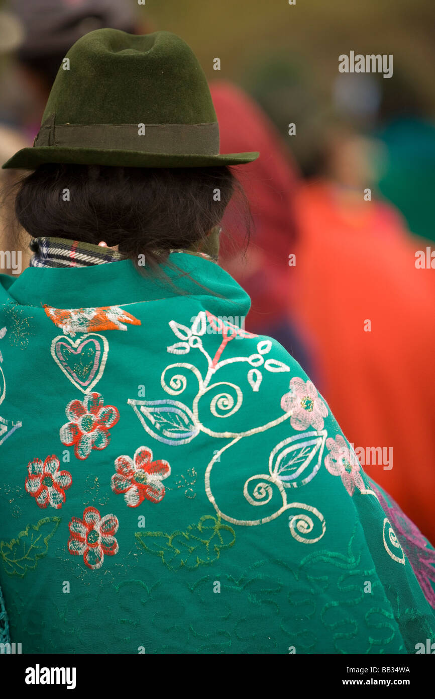 South America Ecuador woman in traditional hat & shawl at weekly market ...