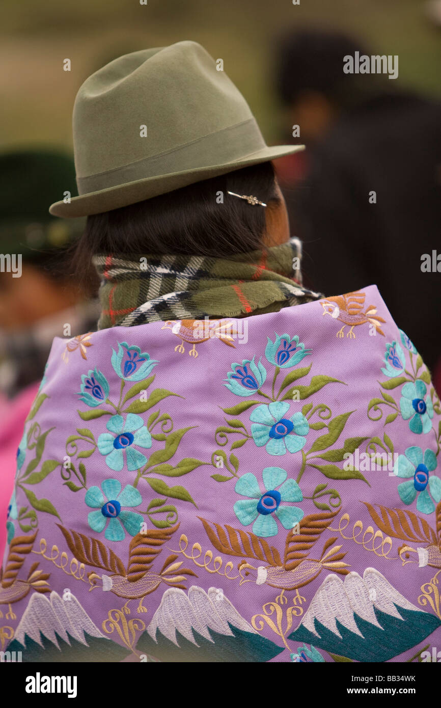 South America Ecuador woman in traditional hat & shawl at weekly market ...