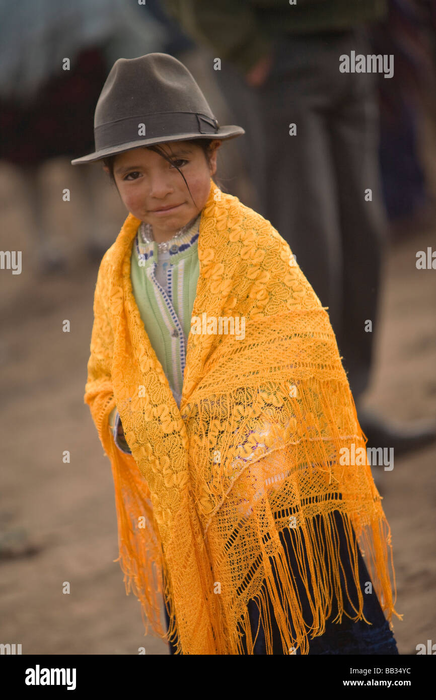 South America Ecuador girl in traditional hat & shawl at weekly market ...