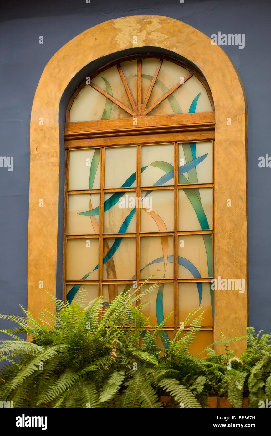 Arched window with fern in planter, Cuenca, Ecuador, South America ...
