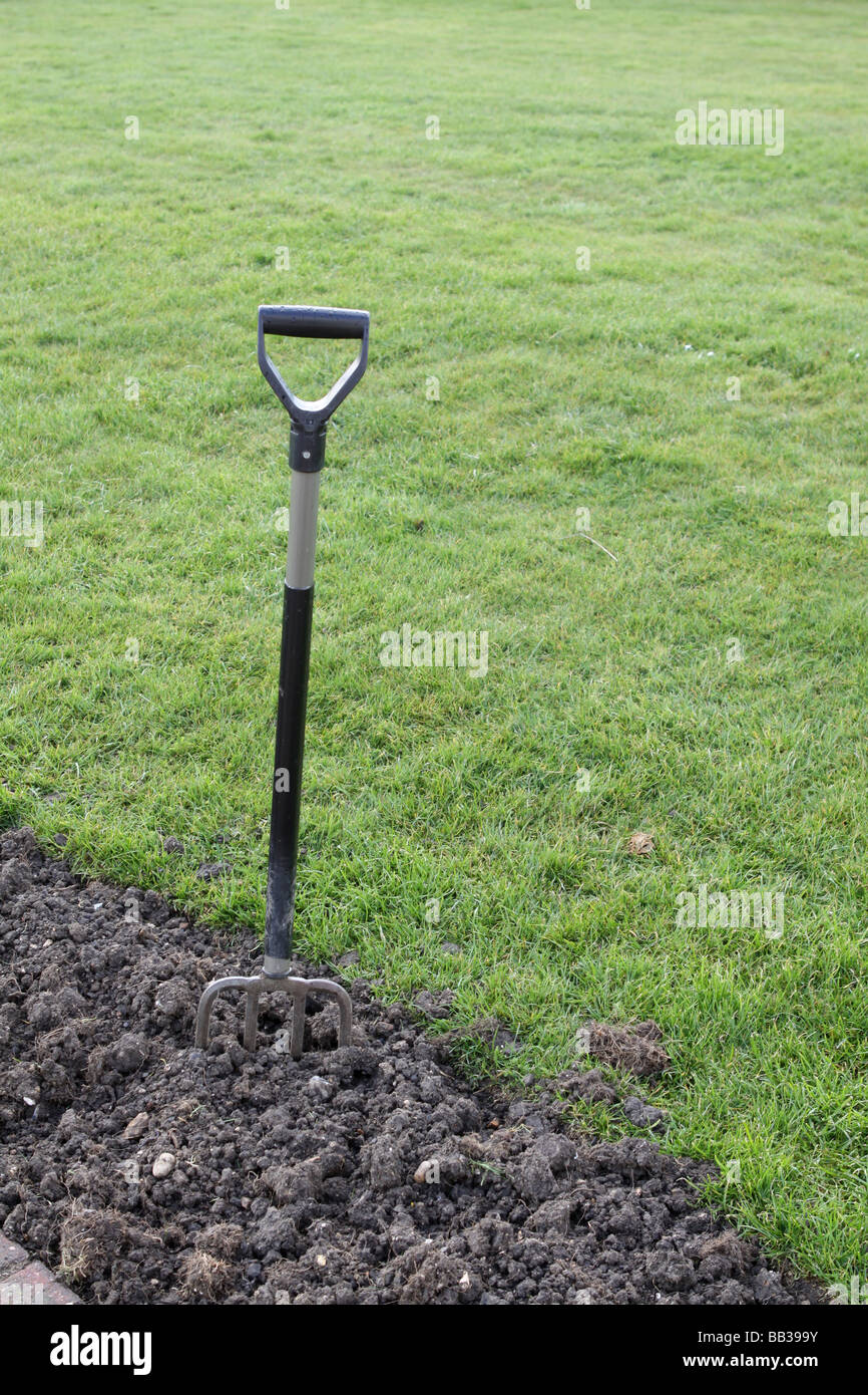 a new planting bed showing recently dug ground with area of grass ...