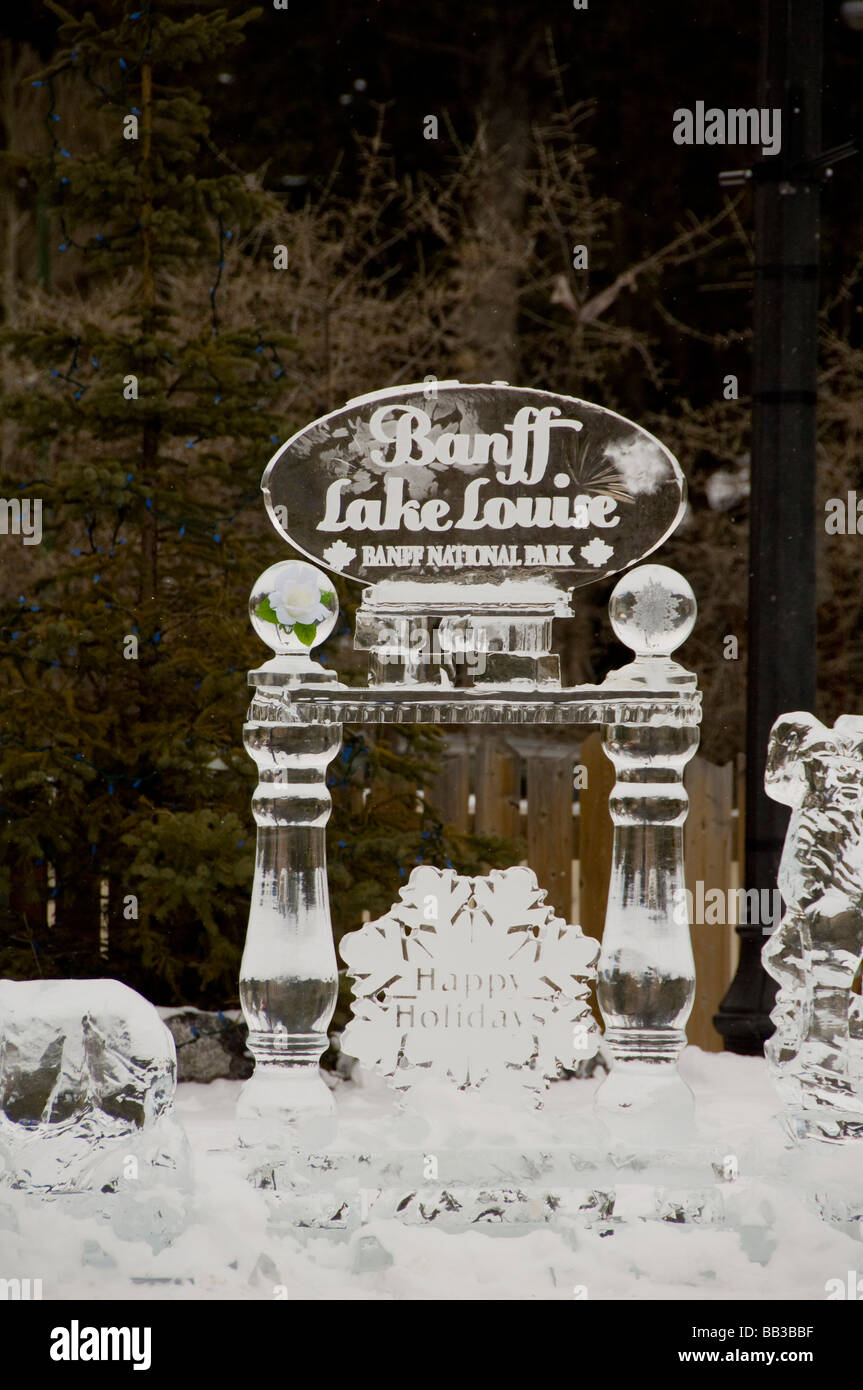 Canada, Alberta, Banff. Downtown Banff in winter. National Park ice ...
