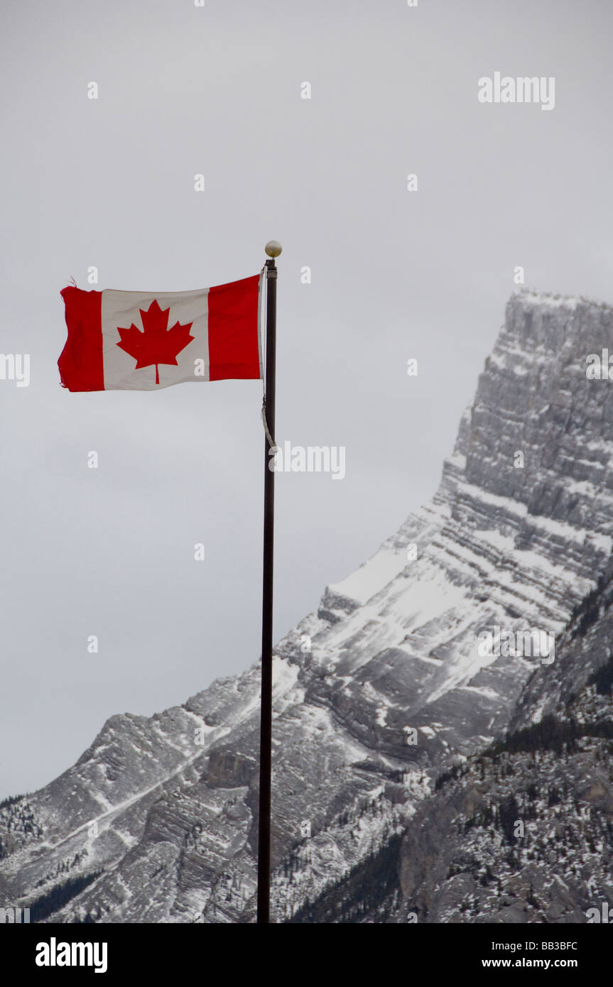 Canada, Alberta, Banff. Mountain view with flag Stock Photo - Alamy