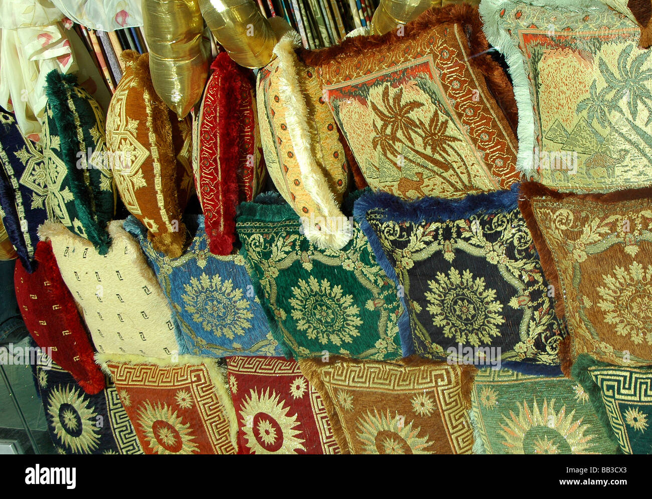 SYRIA. Street handicraft stall displaying local and colorful cushions ...