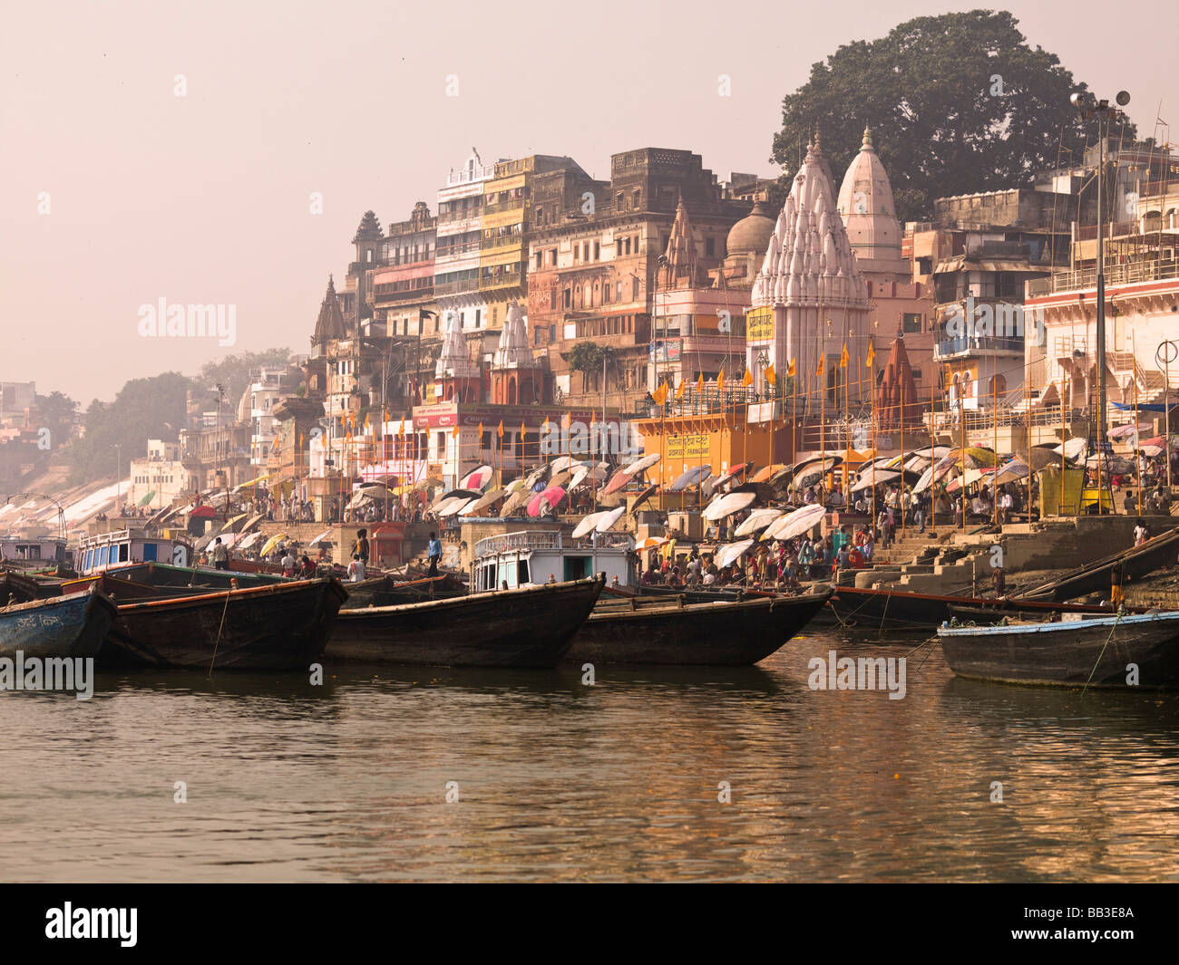 Boats and Varanasi cityscape; India Stock Photo - Alamy