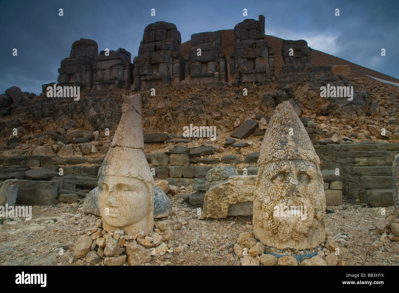 Middle East Turkey Mount Nemrut and the giant statue heads at sunrise ...