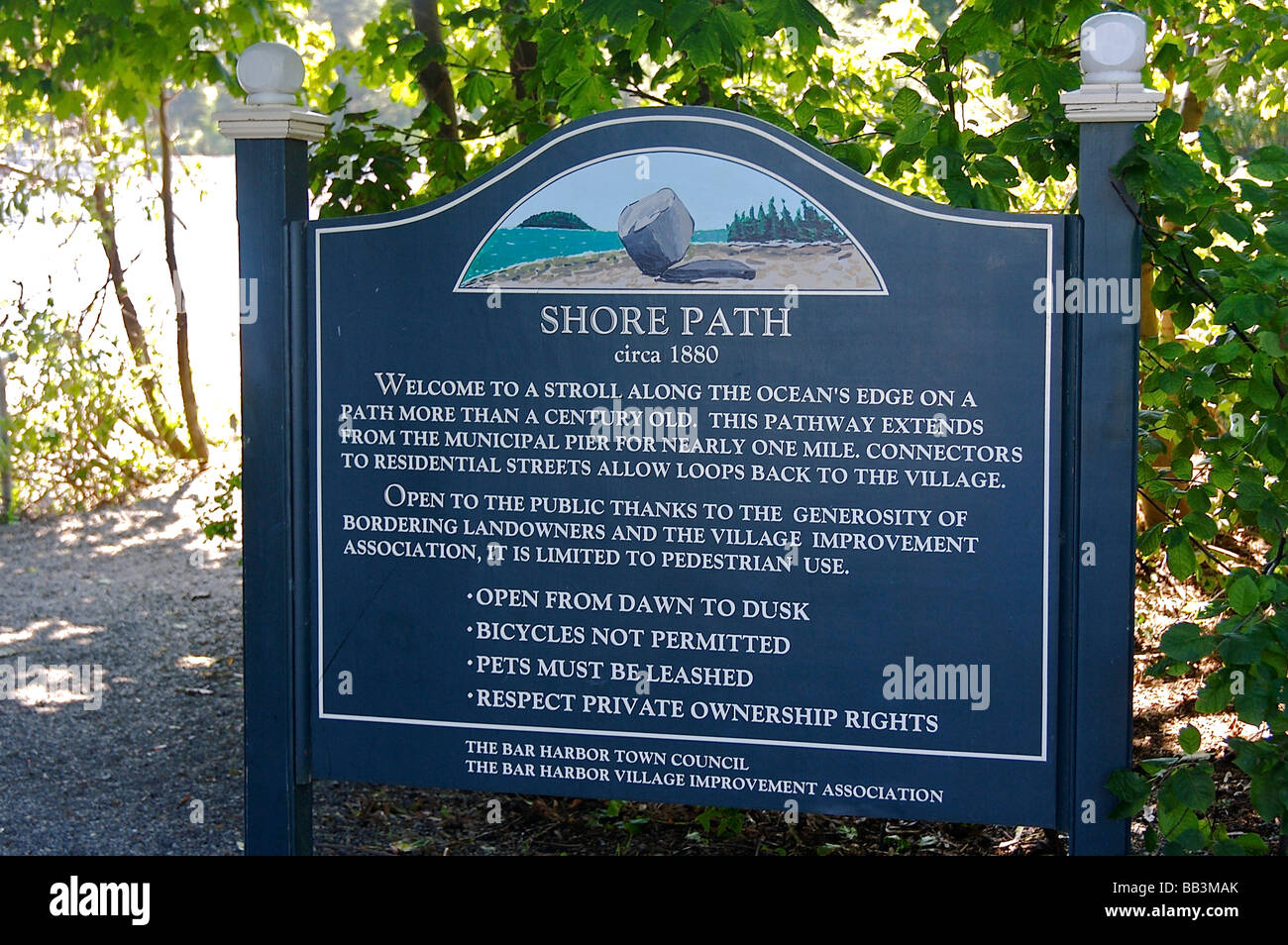 North America, USA, Maine, Bar Harbor. Sign for Bar Harbor's Shore Path ...