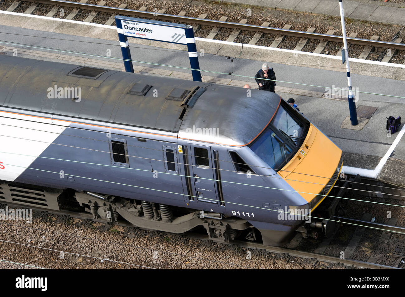Ariel view of the Railway Station at Doncaster showing platforms, track ...