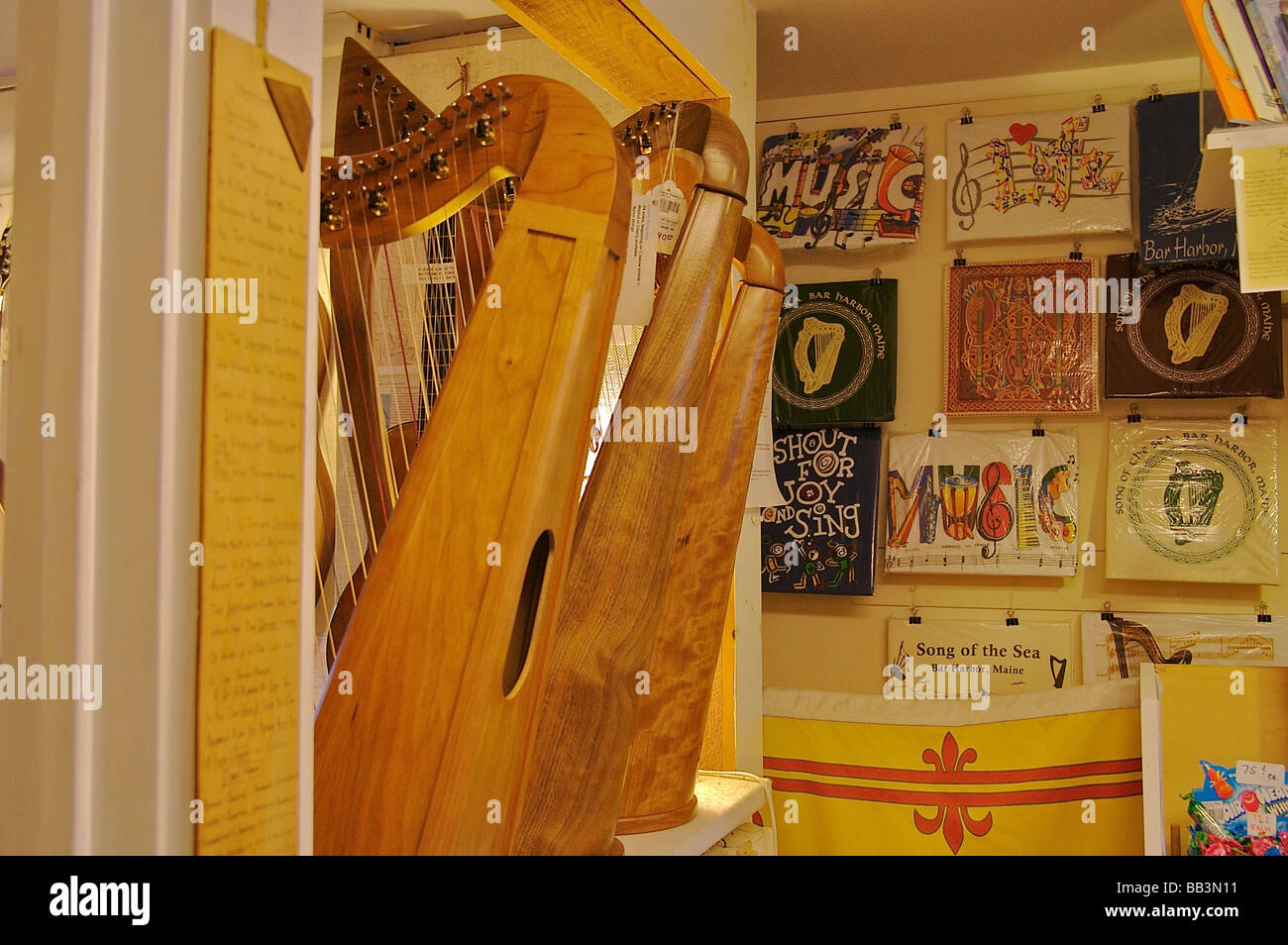 North America, USA, Maine, Bar Harbor. Harps displayed inside Song of ...
