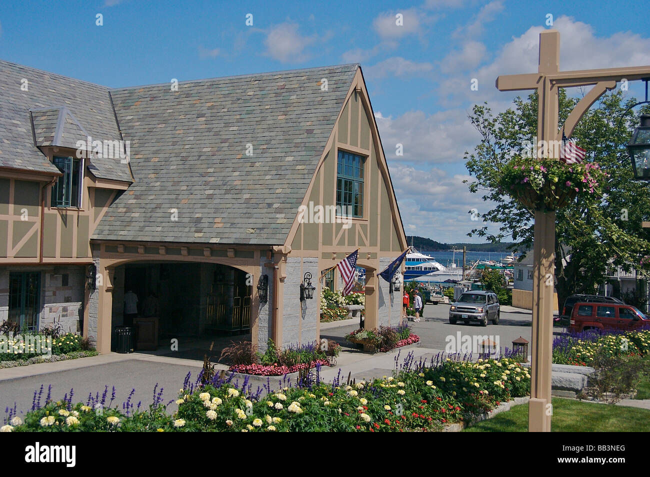 North America, USA, Maine, Bar Harbor. Restored Tudor-style building ...