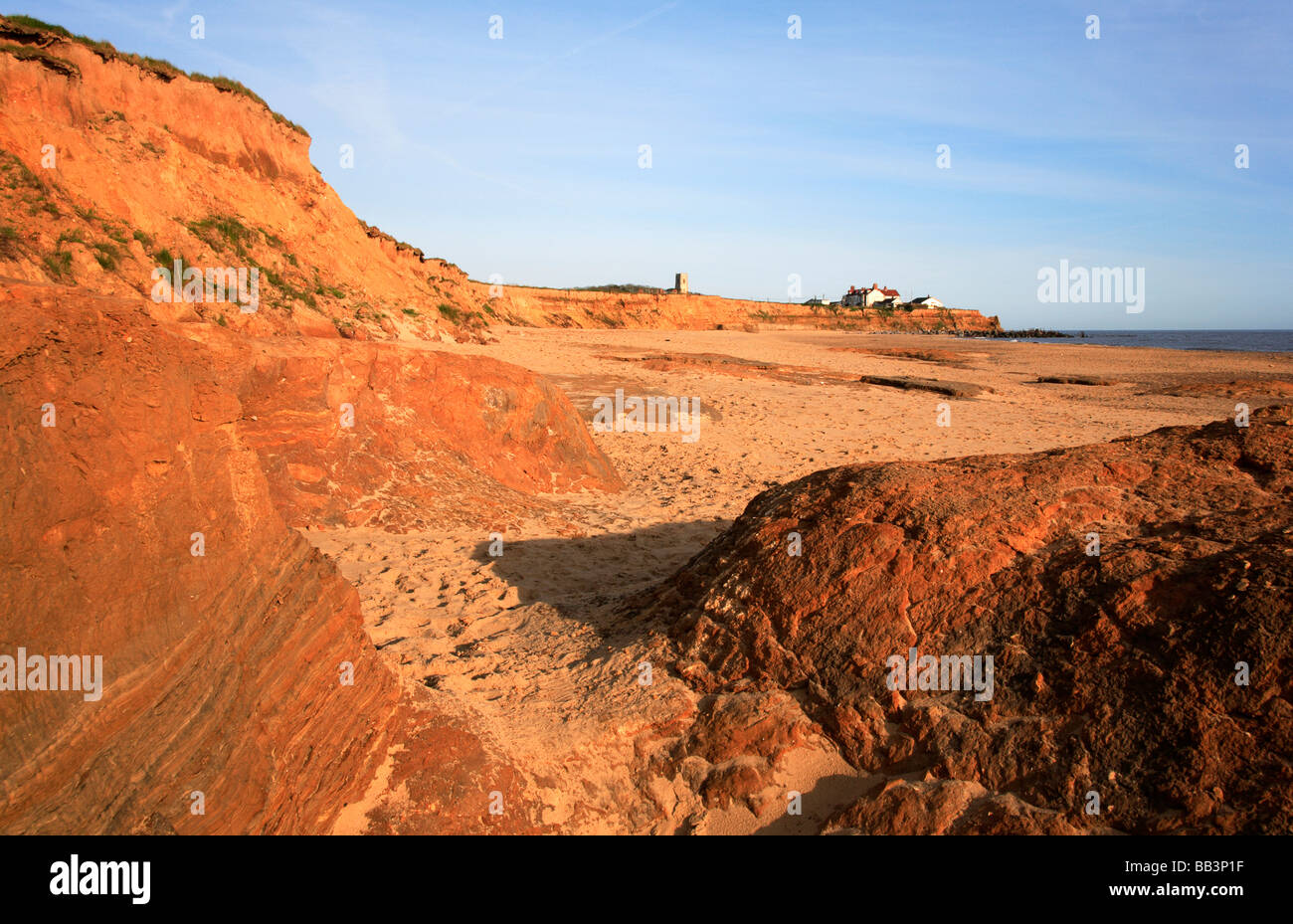 A landscape of the beach at Happisburgh, Norfolk, UK, in early morning ...