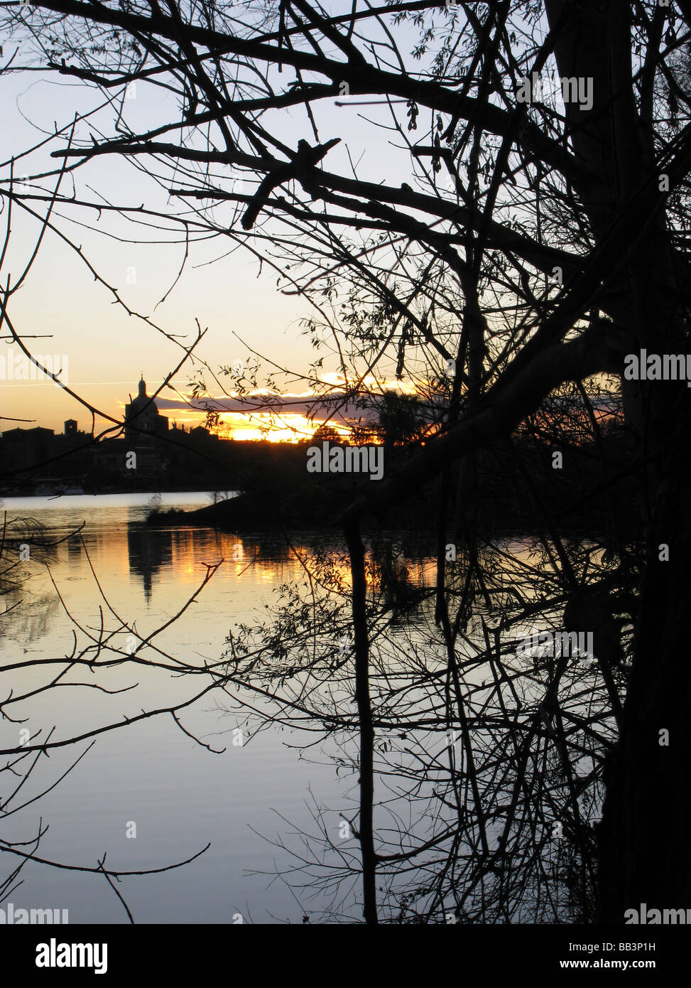 tree branches and last light on lake surface; Mantova/Mantua profile in ...