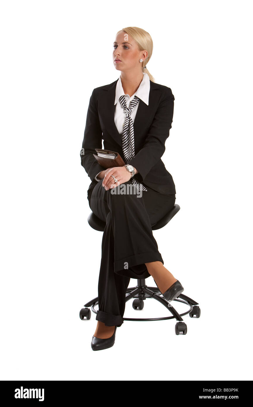 Business woman sitting on a chair patiently waiting on white background ...