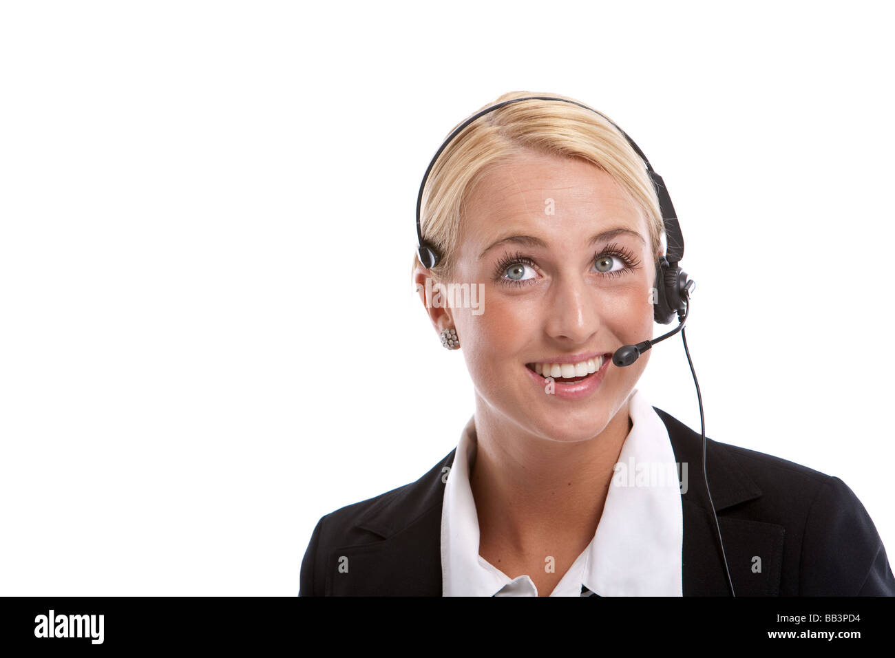 Beautiful young blond woman working as receptionist with headphone ...