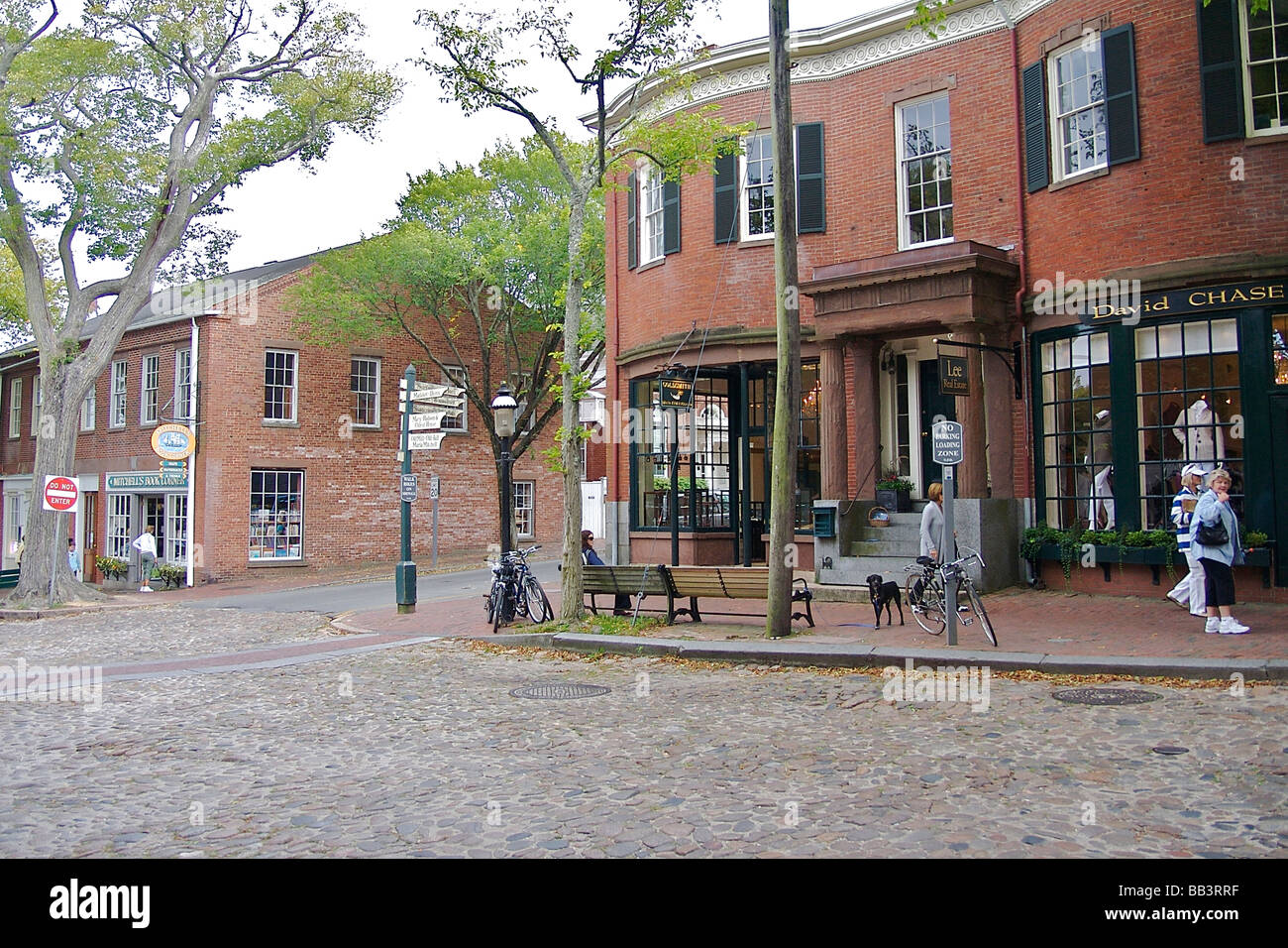 North America, USA, Massachusetts, Nantucket. A cobblestone street and ...