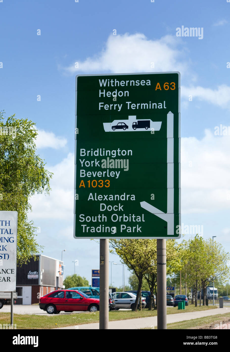 British road sign. A road primary route sign with junction information ...