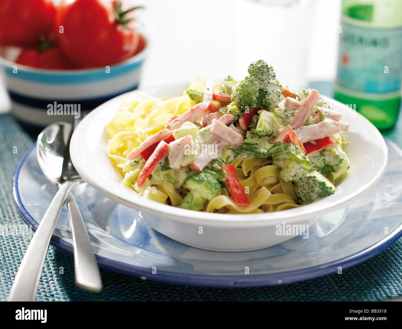 tagliatelle with ham and broccoli Stock Photo - Alamy