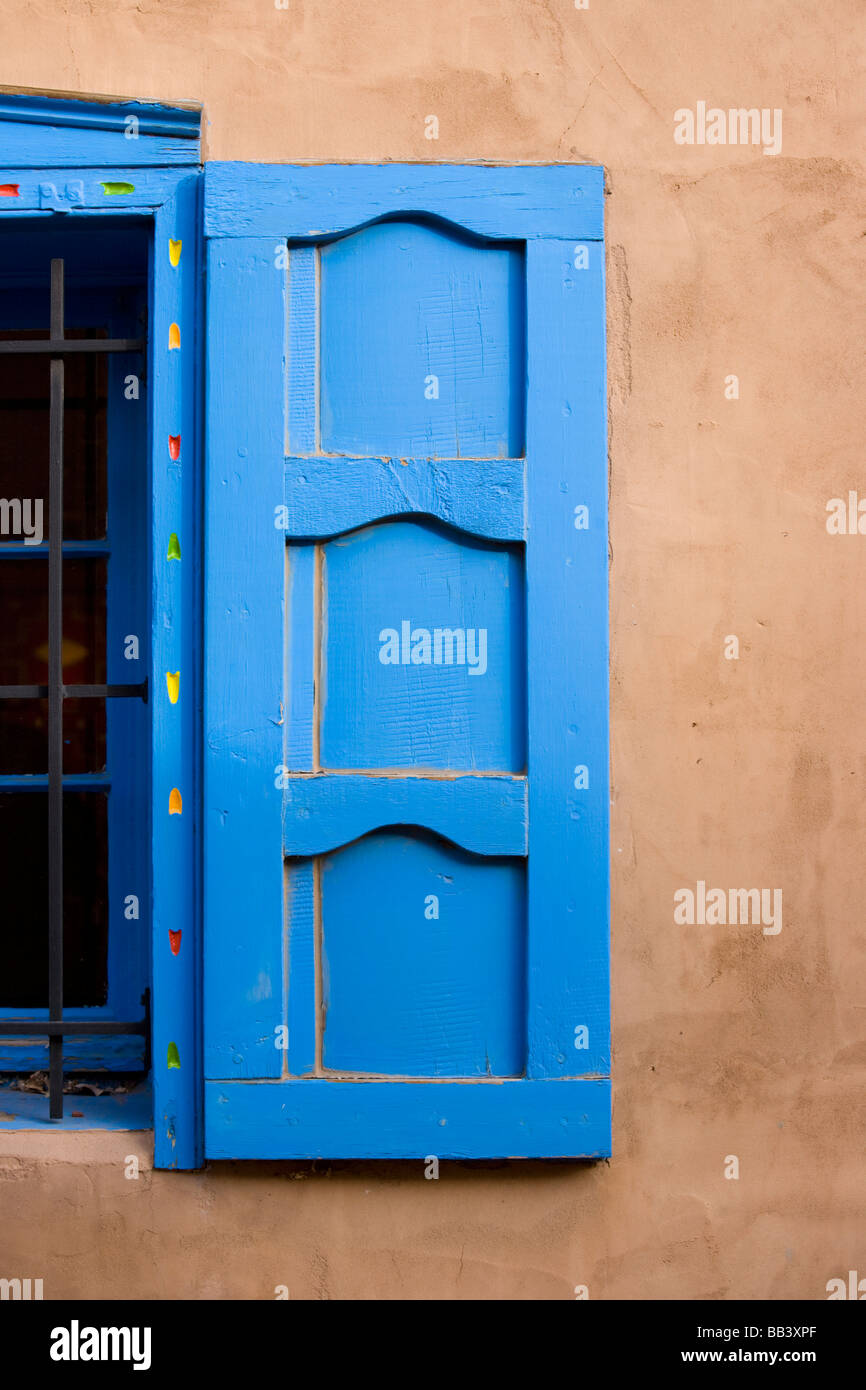NA, USA, New Mexico, Santa Fe, Canyon Road, Blue Painted Window Frame ...