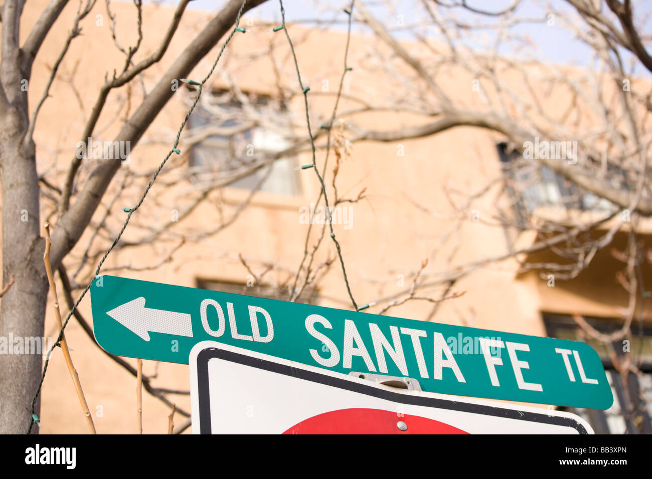NA, USA, New Mexico, Santa Fe, Plaza, Street Sign Leading to Old Santa ...