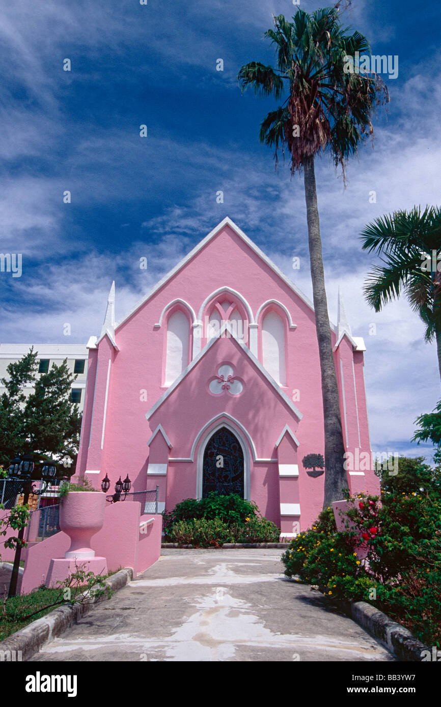 Front View of a Pink Church with Palm Tree St Andrews Church Hamilton ...