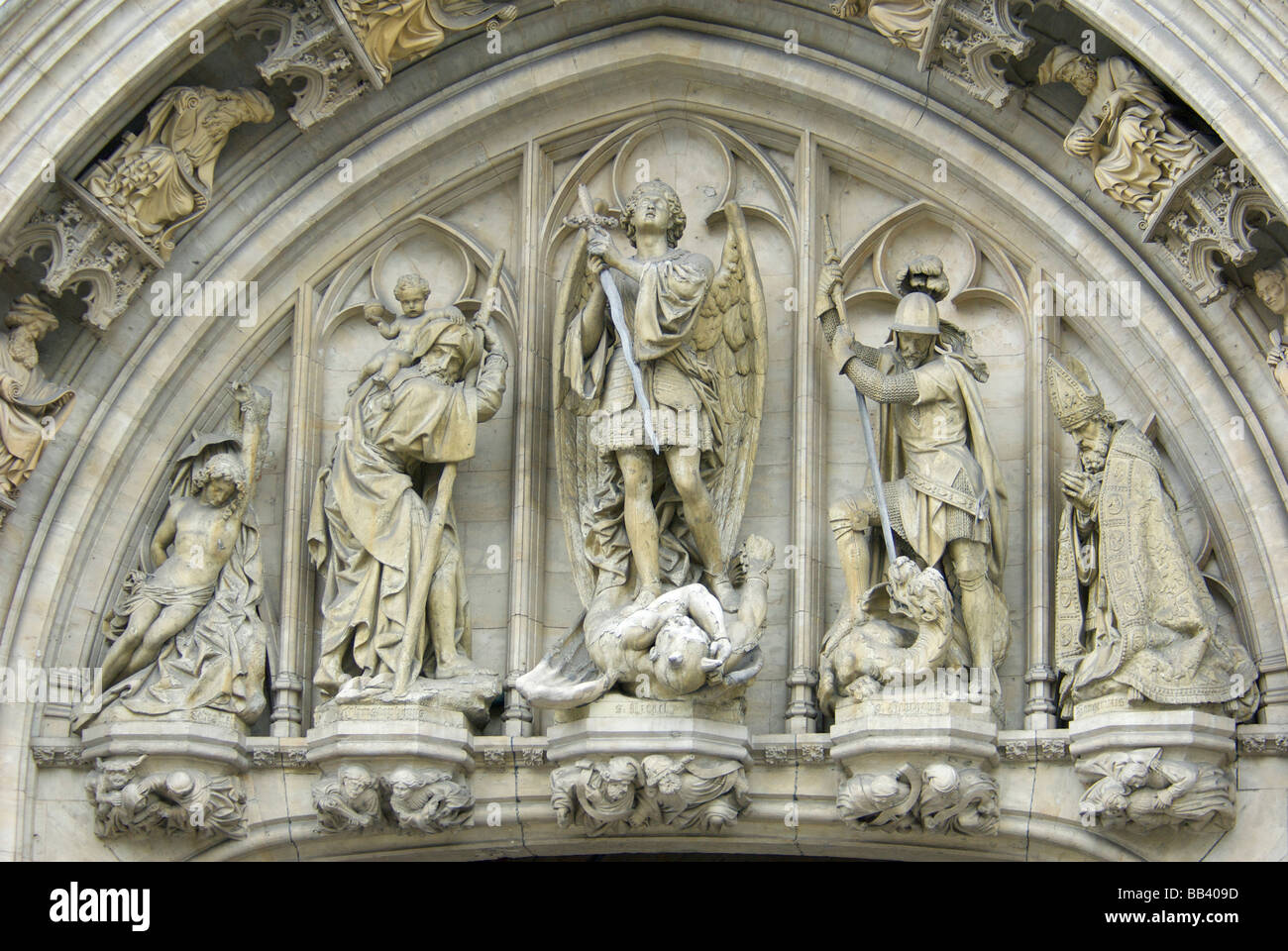 Europe, Belgium, Flanders, Brussels, detail of town hall over entry ...
