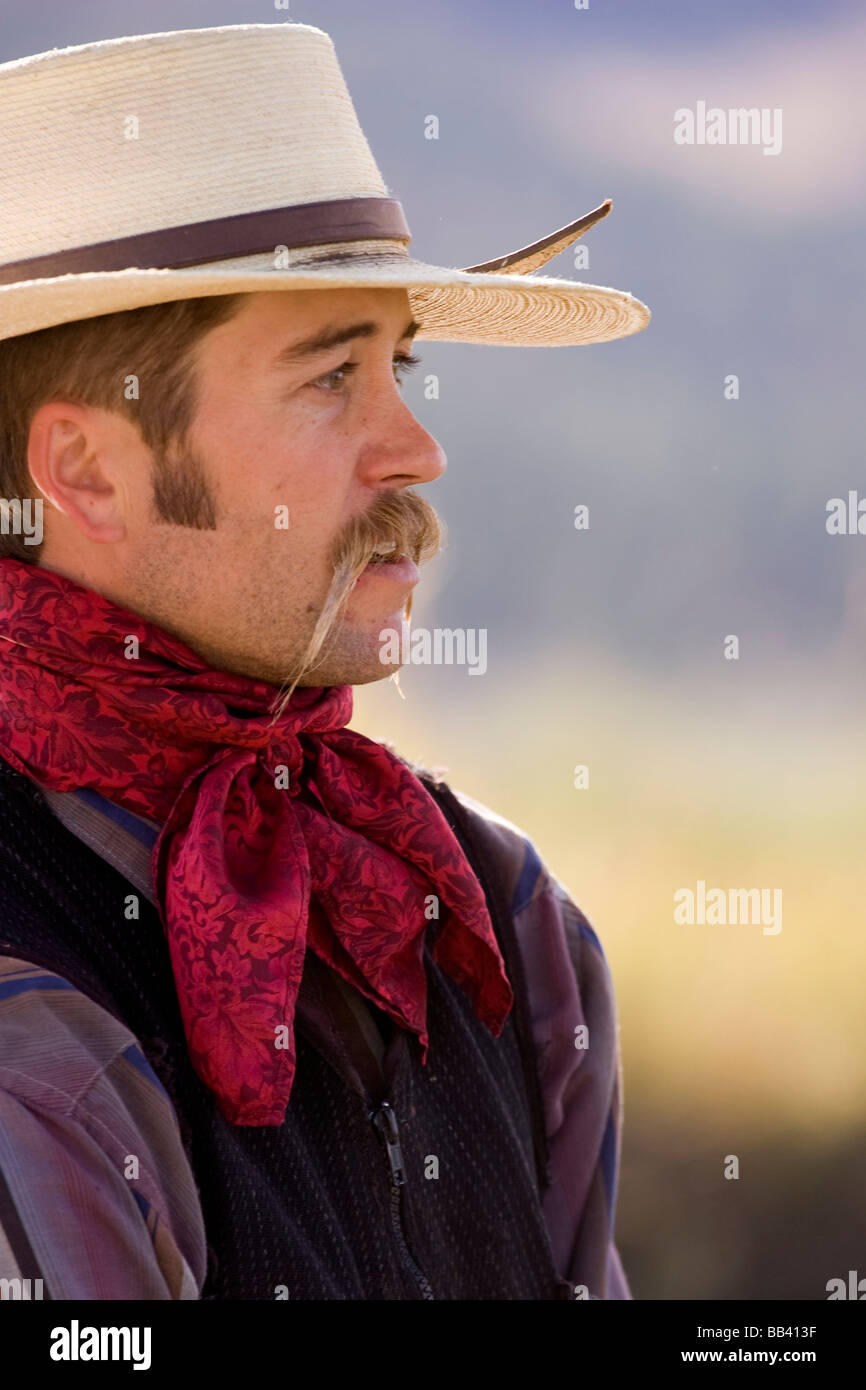 USA, Oregon, Seneca, Ponderosa Ranch. Portrait of a cowboy with a ...