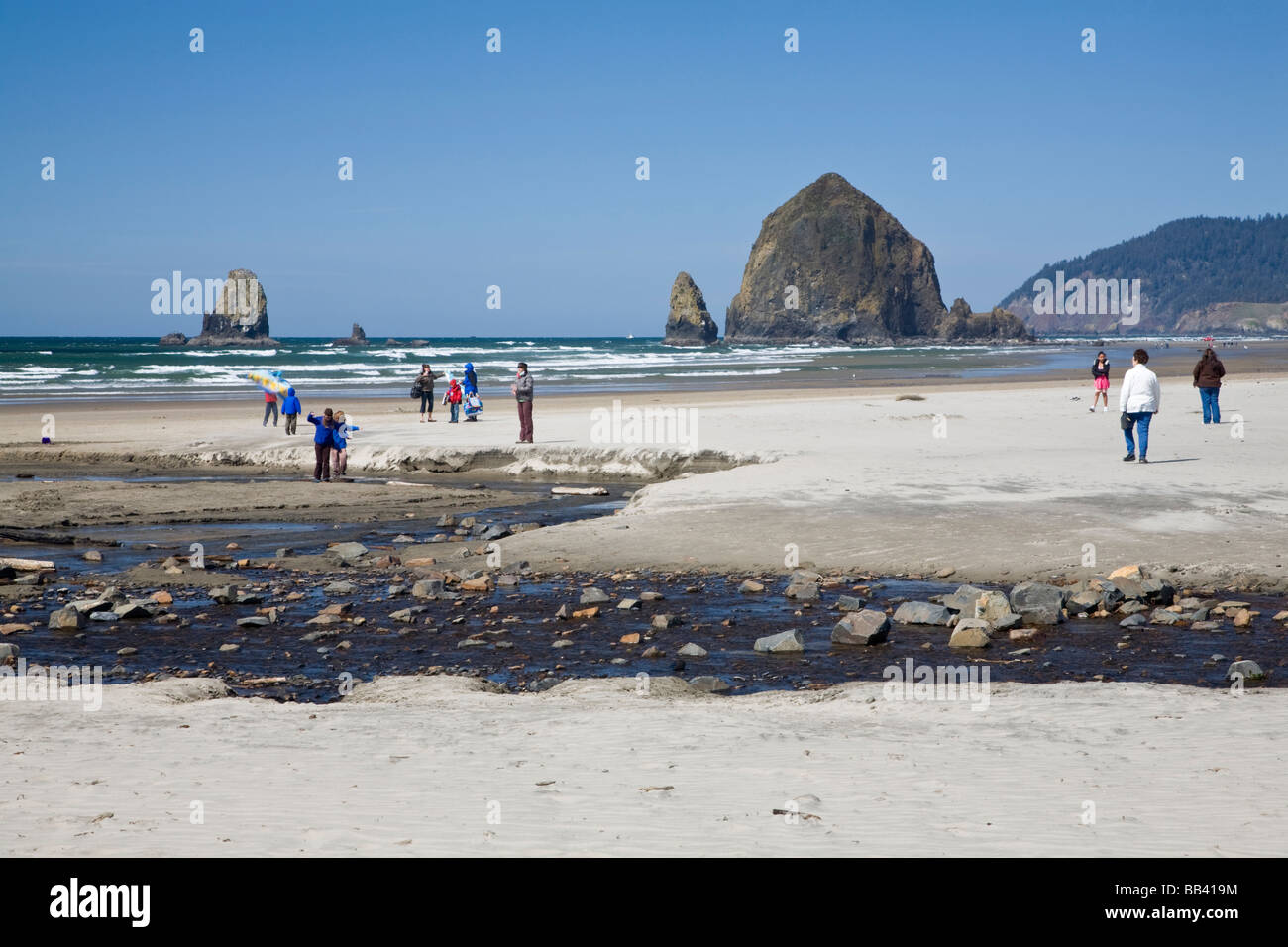 OR, Oregon Coast, Cannon Beach and Haystack Rock, people enjoying the ...