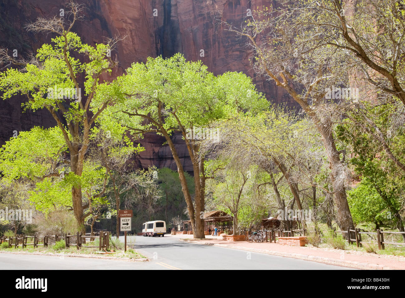 UT, Zion National Park, Shuttle bus at the Temple of Sinawava, propane ...