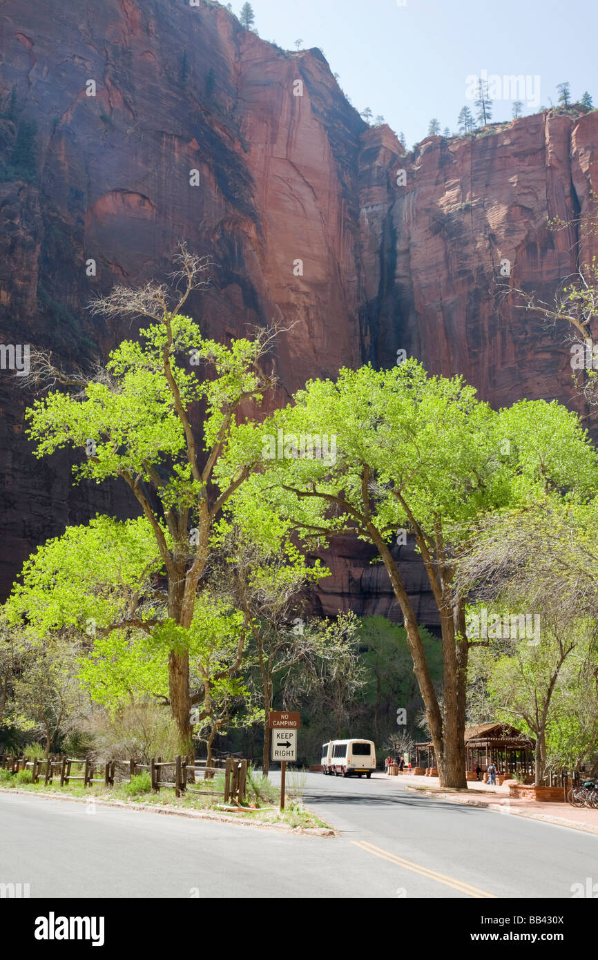 UT, Zion National Park, Shuttle bus at the Temple of Sinawava, propane ...