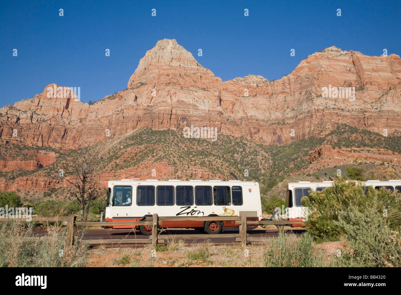 UT, Zion National Park, Shuttle bus at the Visitor Center, propane ...