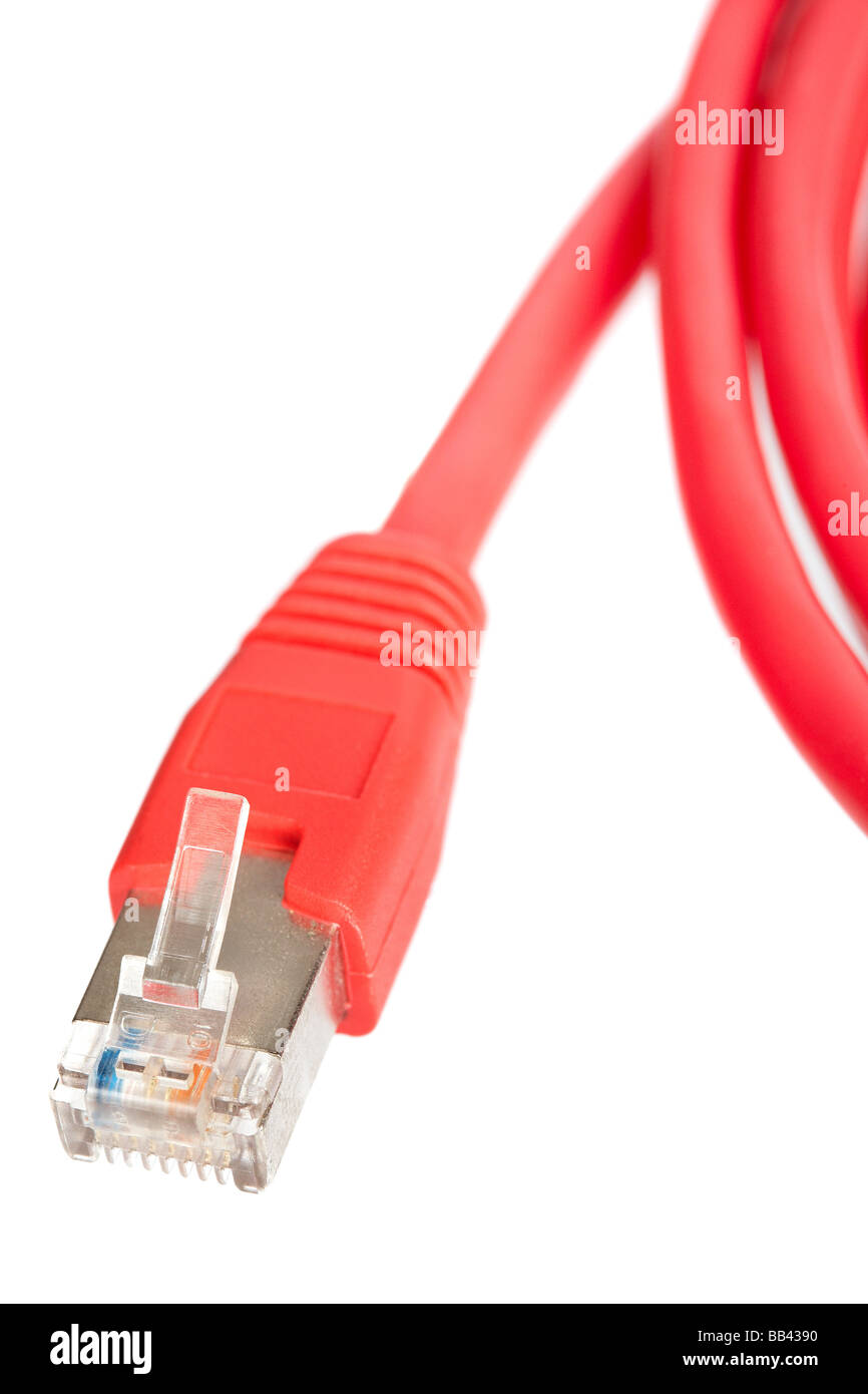 Red network cable with shadow on white background Shallow depth of ...