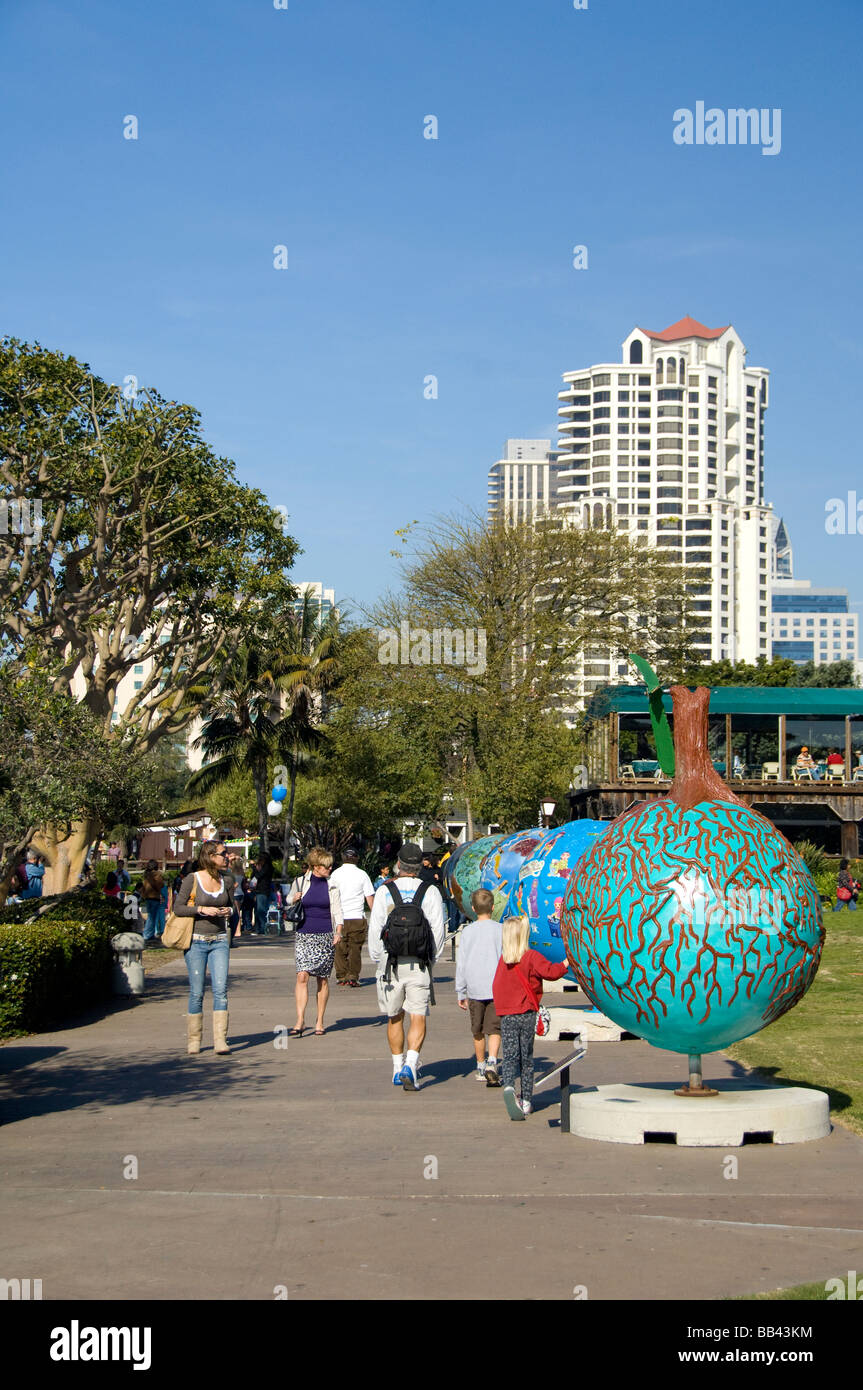 California, San Diego. Seaport Village, globe sculptures Stock Photo ...