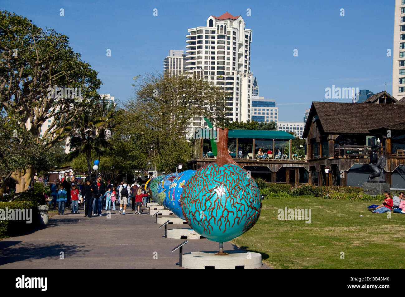 California, San Diego. Seaport Village, globe sculptures Stock Photo ...
