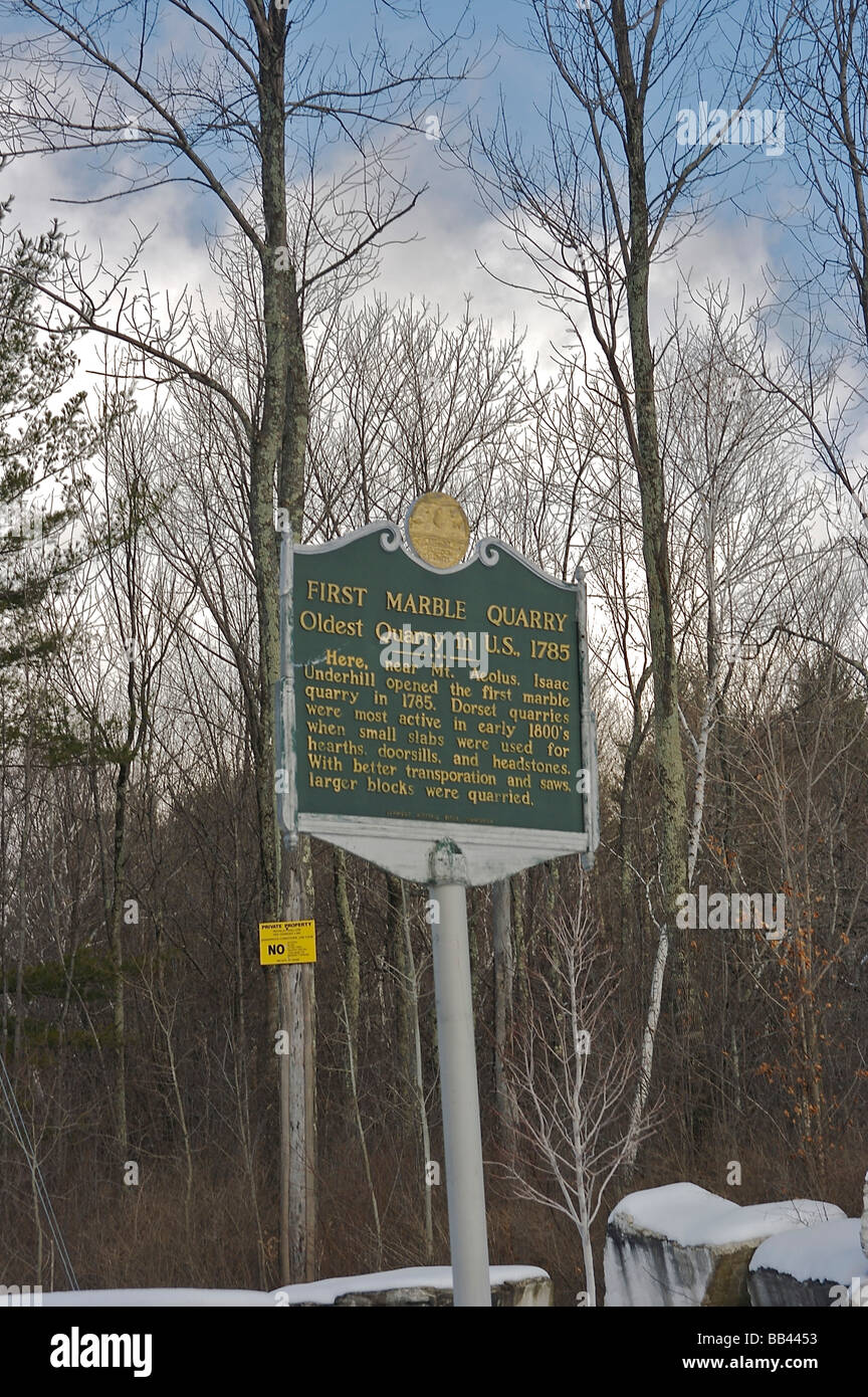 North America, USA, Vermont, Dorset. Sign marking the oldest marble ...