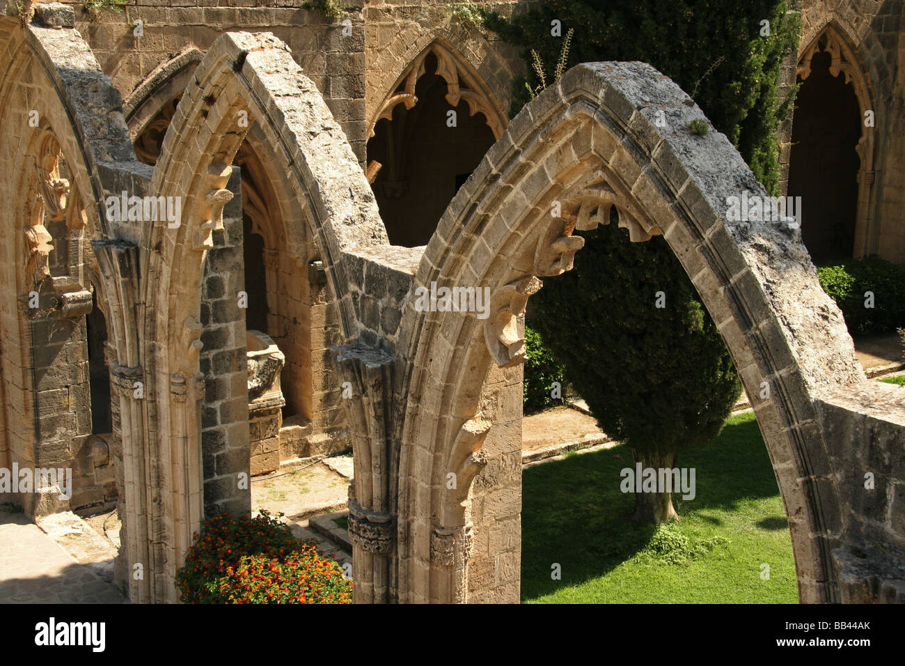 Gothic arches at the cloisters in Bella Pais Abbey Keryneia Girne North ...