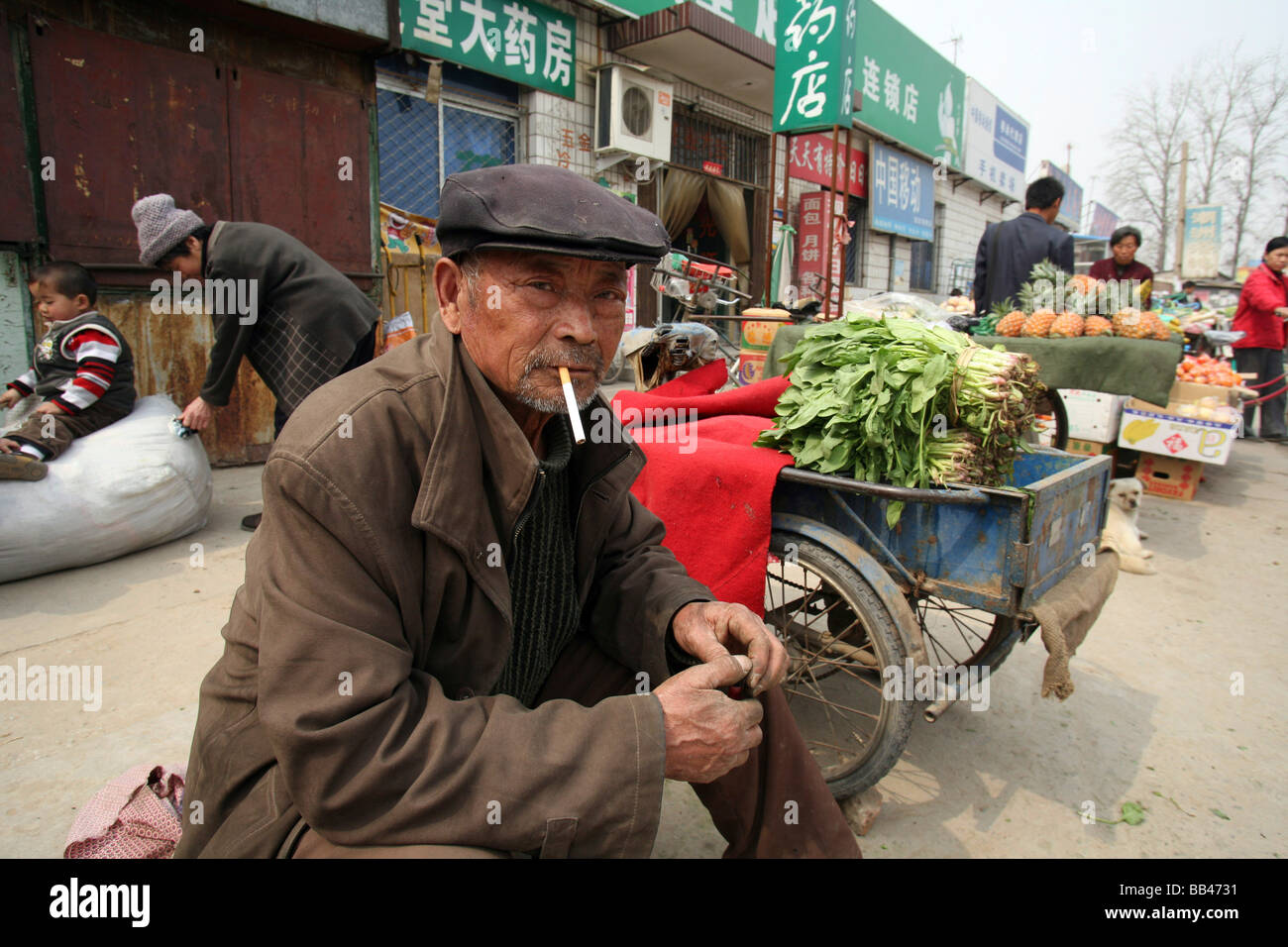 Chinese man sells raw spinach in a market outside Beijing, China Stock ...