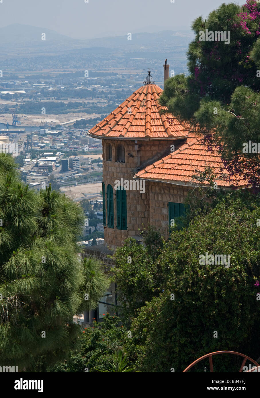 Red roof of building among trees,Haifa,Mediterranean Sea,Israel Stock ...