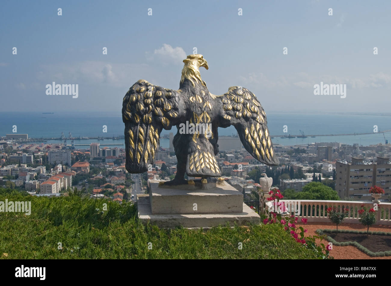 Sculpture of Eagle and Haifa panorama,Bahai temple,Mediterranean Sea ...