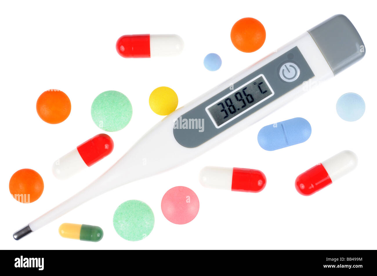 Isolated Pills and Thermometer Stock Photo - Alamy