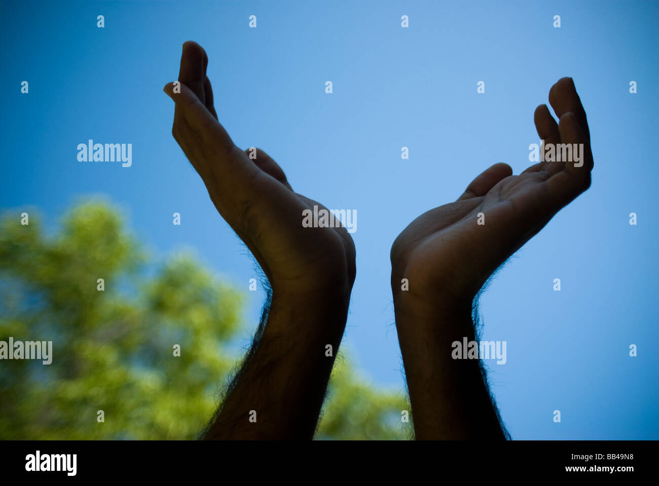 Two open hands reach out into the sky Stock Photo - Alamy
