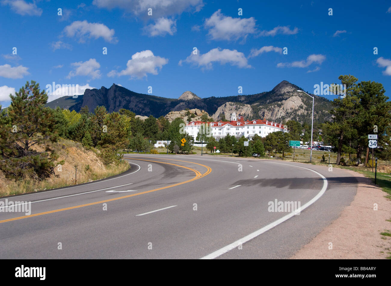 Colorado, Estes Park. Historic Stanley Hotel, highway 34 Stock Photo ...