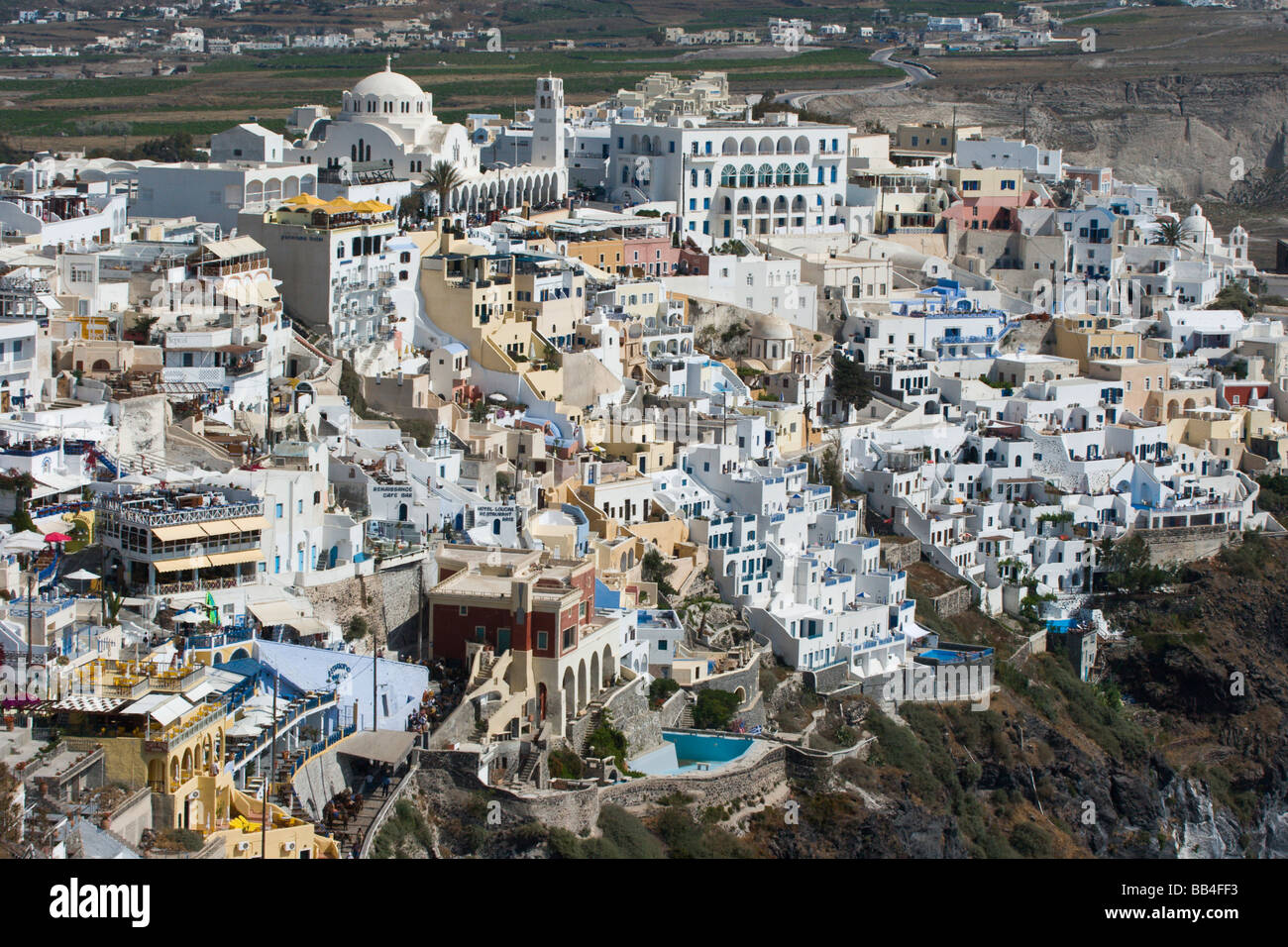 Europe, Greece, Santorini. Overview of clifftop town of Fira Stock ...